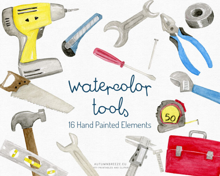 Watercolor Tools Kit Clipart Set - Hand Painted Clip Art