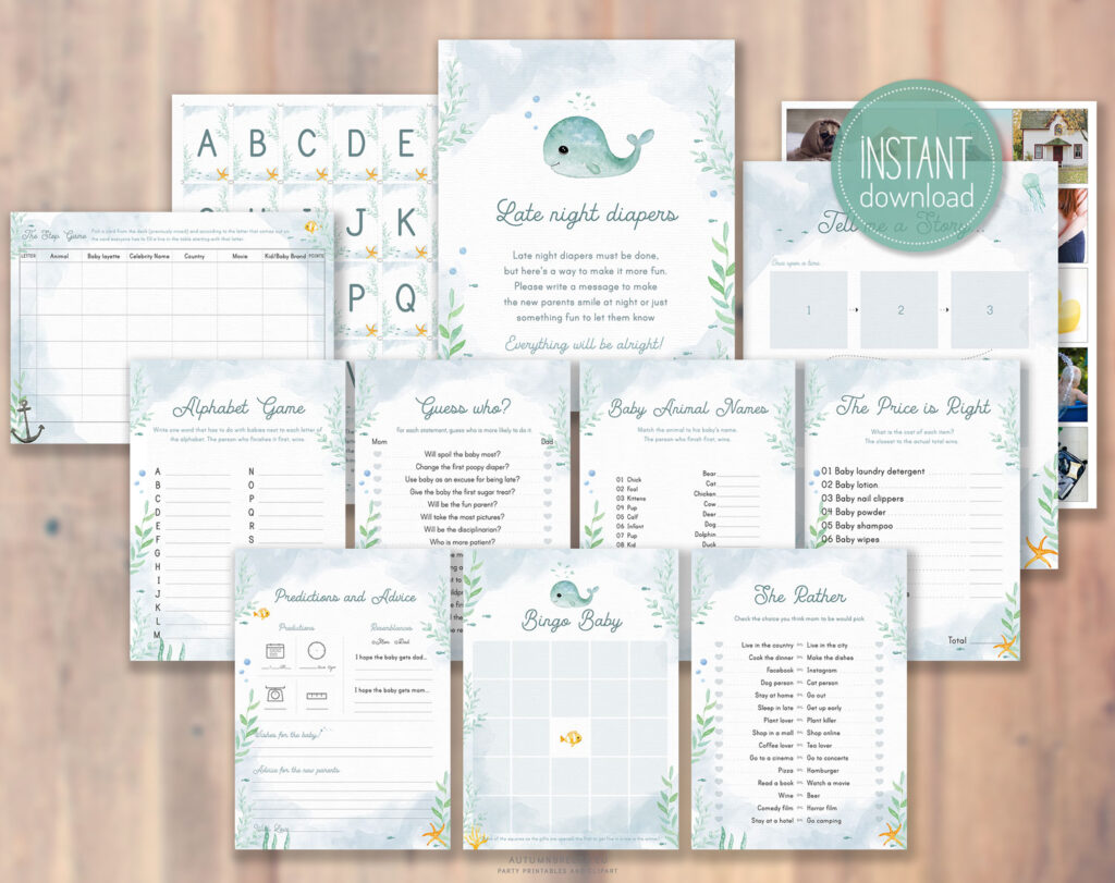 Printable Baby Shower Games with Baby Whale - Party printables