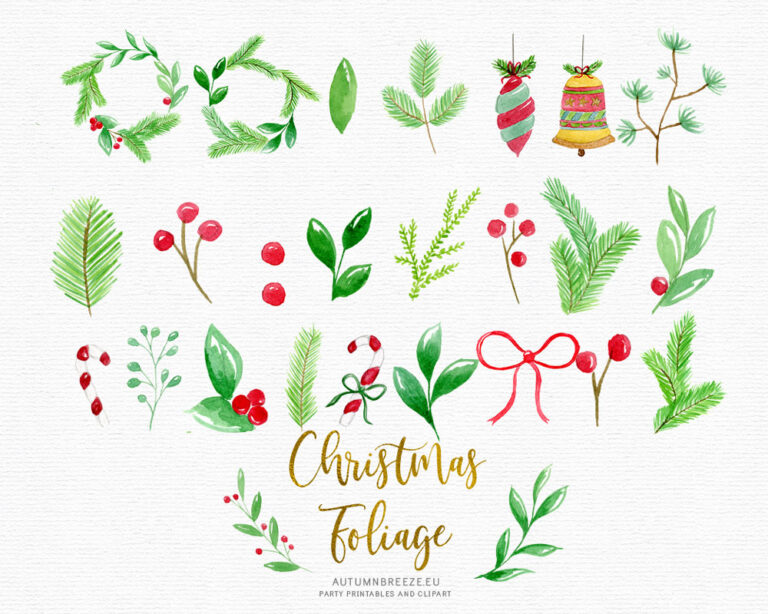 Watercolor foliage Christmas clip art - Watercolor Clipart Set