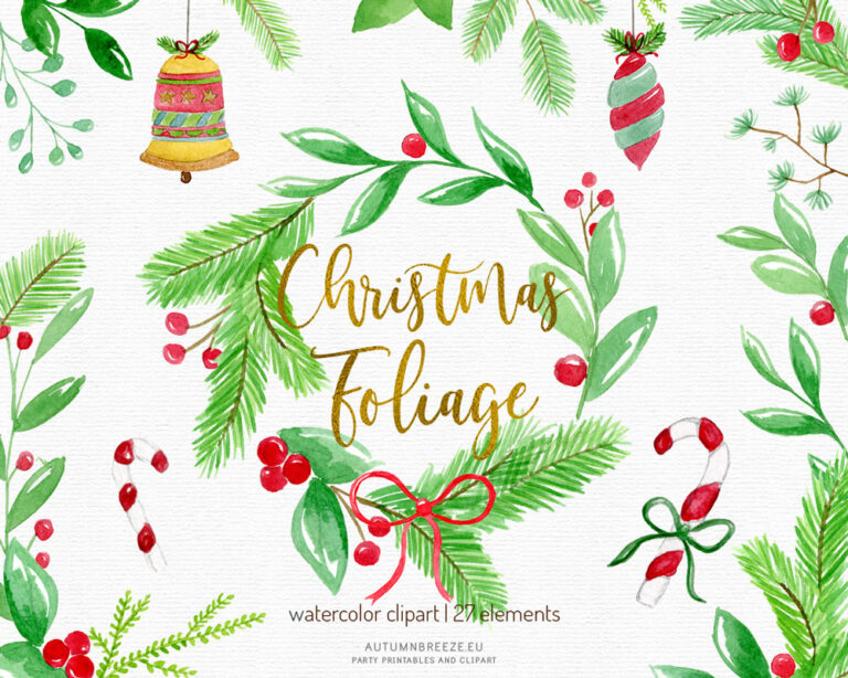 Watercolor foliage Christmas clip art - Watercolor Clipart Set
