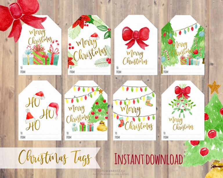 Printable Christmas gift tags with watercolor hand-painted illustrations