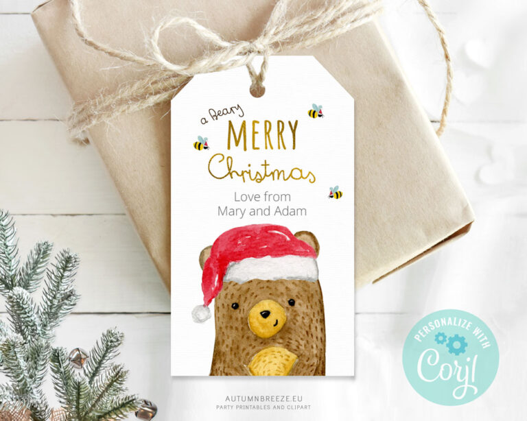 Beary Merry Christmas tag, Cute editable tag template