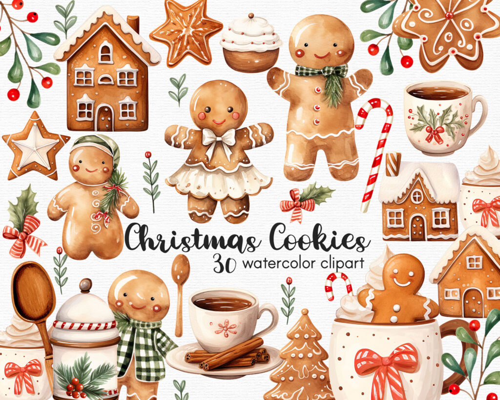 Watercolor Gingerbread Cookies, Christmas Clipart 🎄🍪