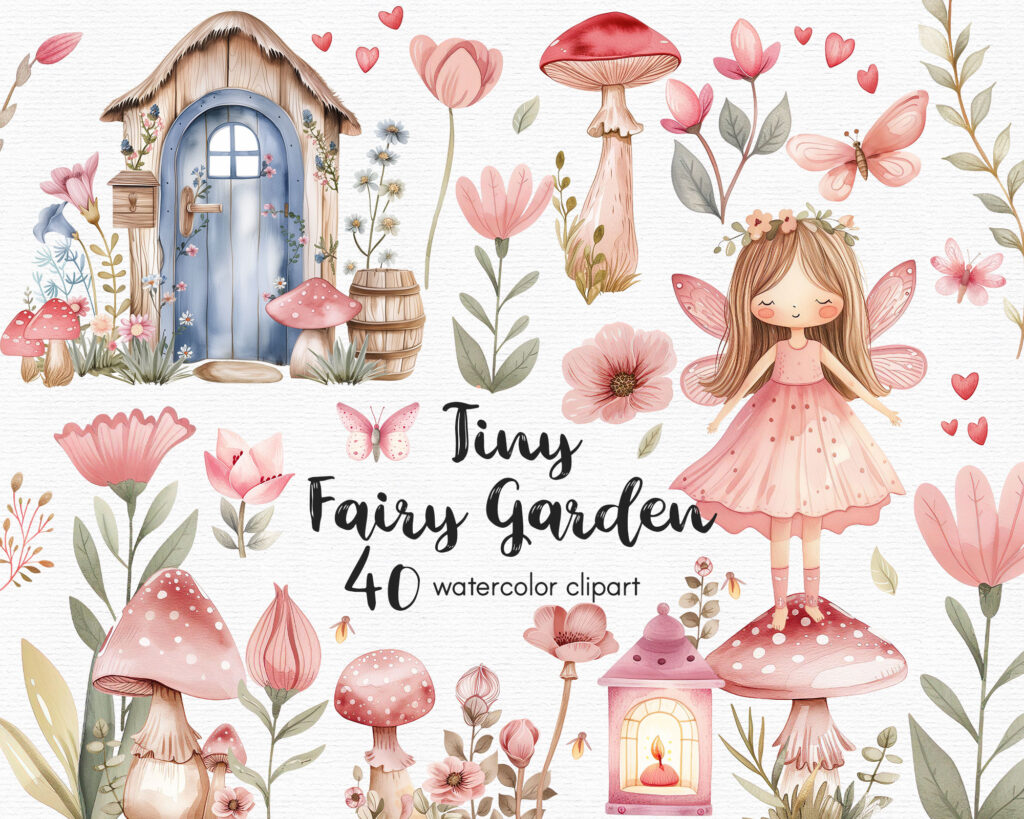 Pink fairy Clipart with Fairies Butterflies mushrooms and Flowers 🦋