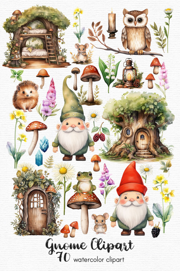 Watercolor Gnome Clipart Set, mushroom clipart 🍄