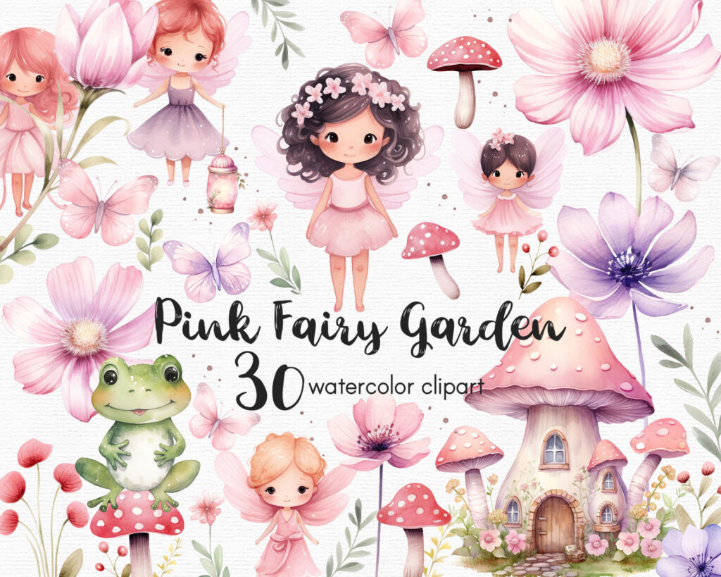 Watercolor Pink Fairy Garden Clipart with magical images🦋