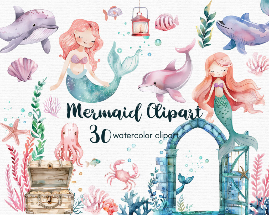 Watercolor Mermaid Clipart with sea creatures 🧜‍♀️ 🐬