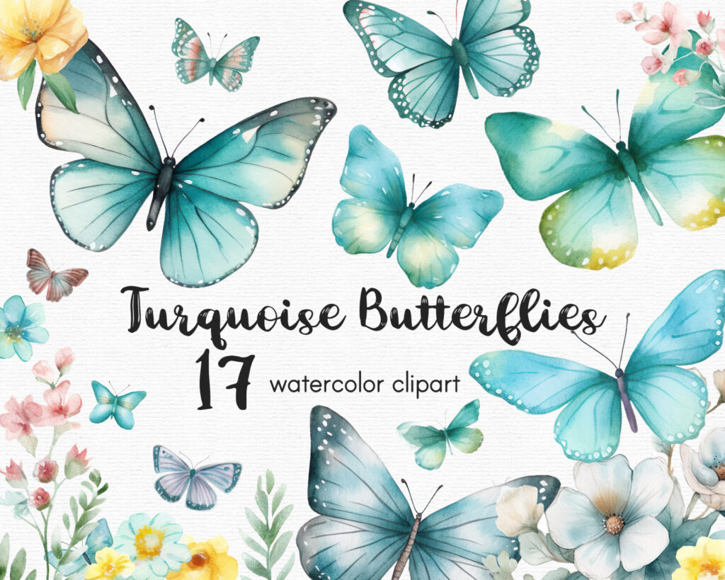 🦋 Turquoise Butterflies Clipart – PNG for Crafts & Prints 💙