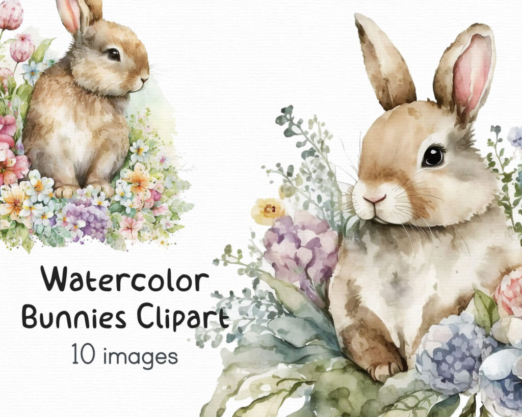 🐇 Watercolor Vintage Bunnies Clipart – Cute Easter PNGs