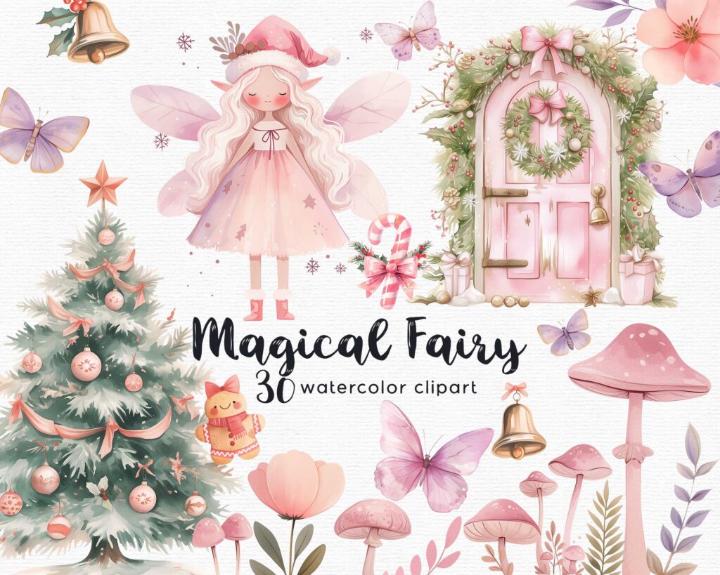 🎀 Pink Christmas Fairy Clipart – Cute Holiday PNG 🧚
