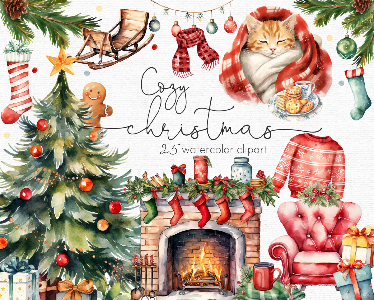 Watercolor Christmas Essentials Clipart - Autumn Breeze