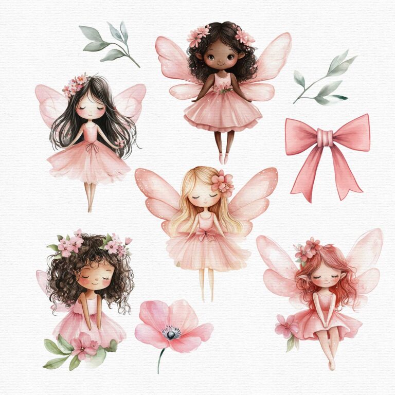 Watercolor Pink Fairy Garden Clipart with magical images🦋
