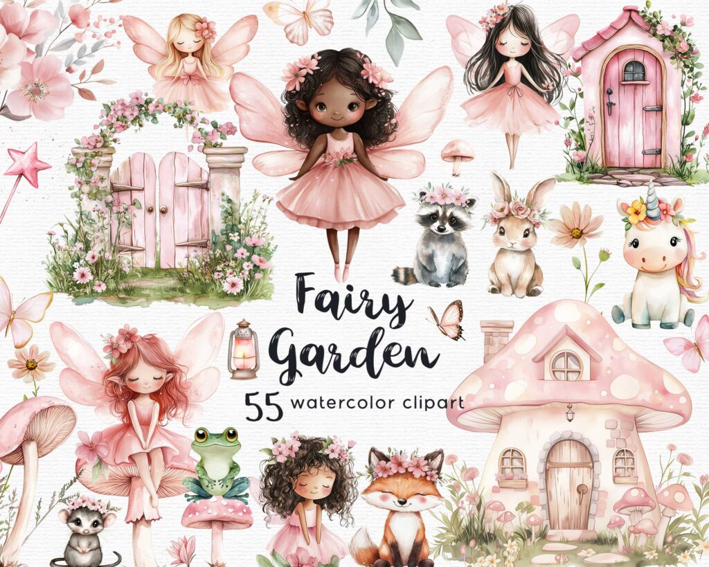 Watercolor Pink Fairy Garden Clipart with magical images🦋