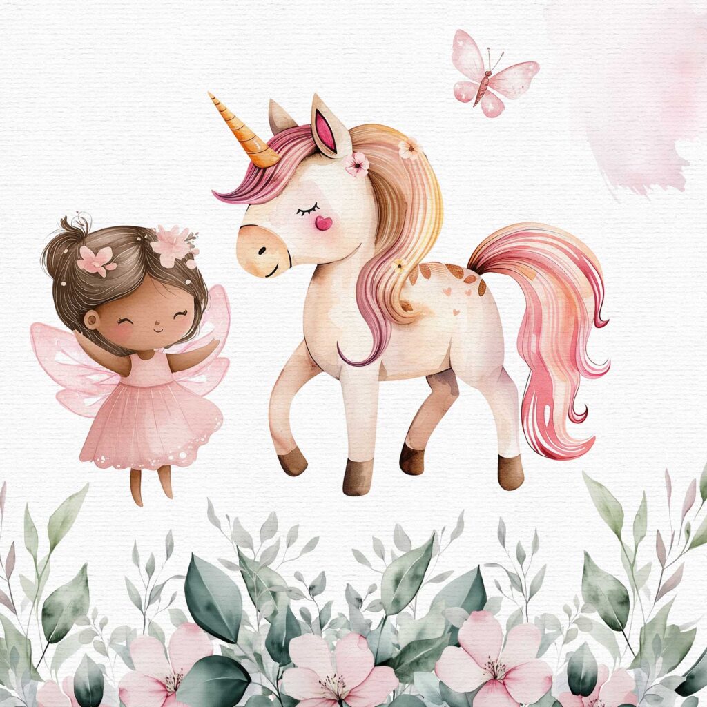 🦄 Pink Fairy Garden Clipart – Unicorn & Fairy PNG Set