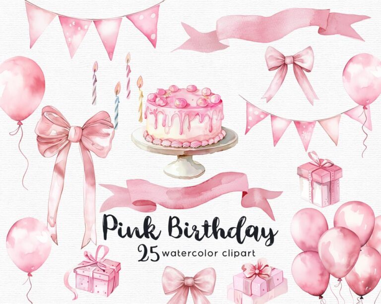 🎂 Pink Birthday Clipart Set – Balloons, Cake & More 🎀